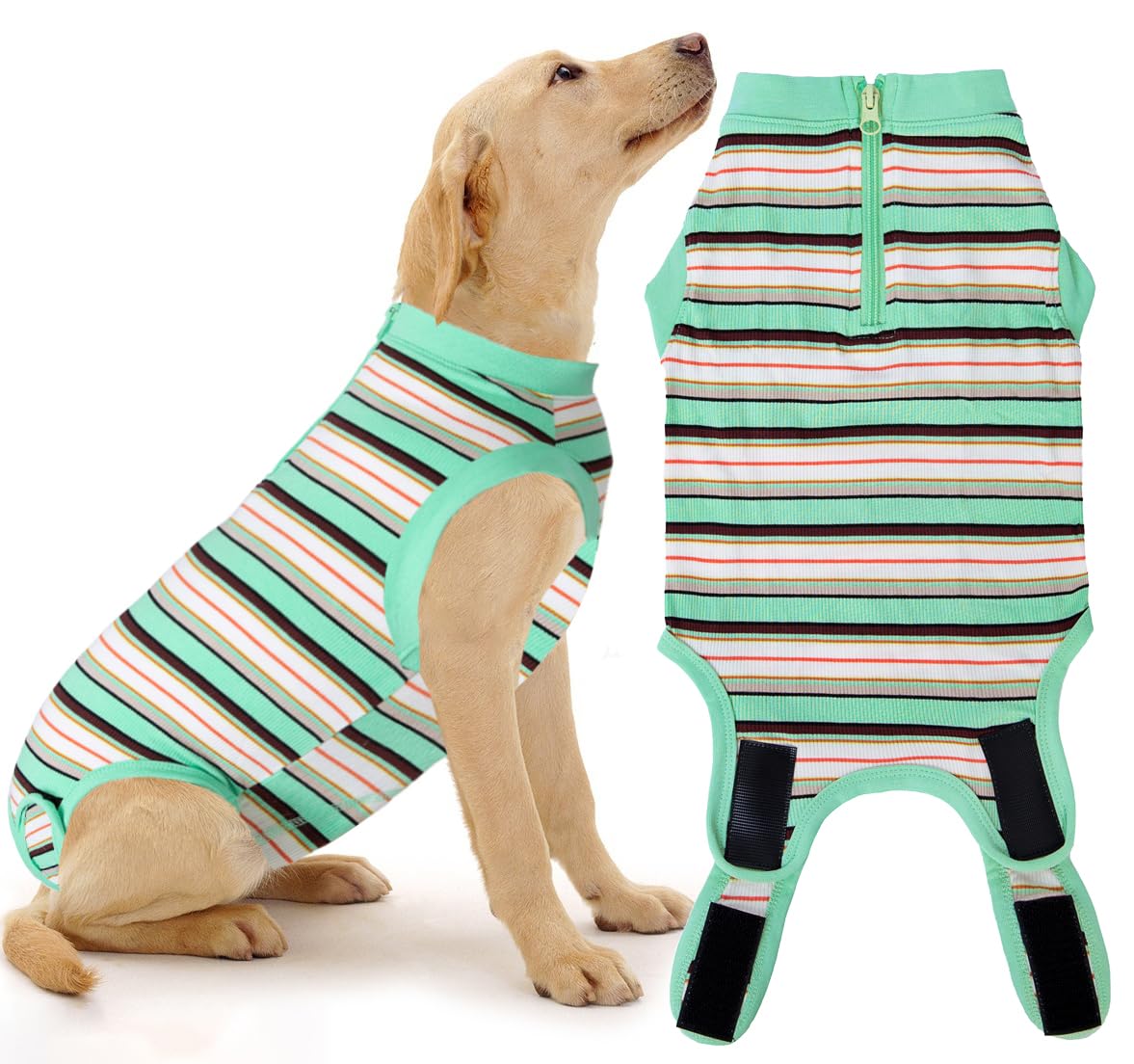 Wabdhaly Dog Surgery Recovery Suit,Surgical Recovery Suit for Large Female Dgos Spay,Zipper Closure,Combed Cotton Breathable Onesie,Multi Green Striped X-Large