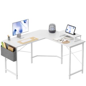 cubicubi l shaped gaming desk, 47.2 inch computer corner desk with monitor shelf for home office study writing workstation, white