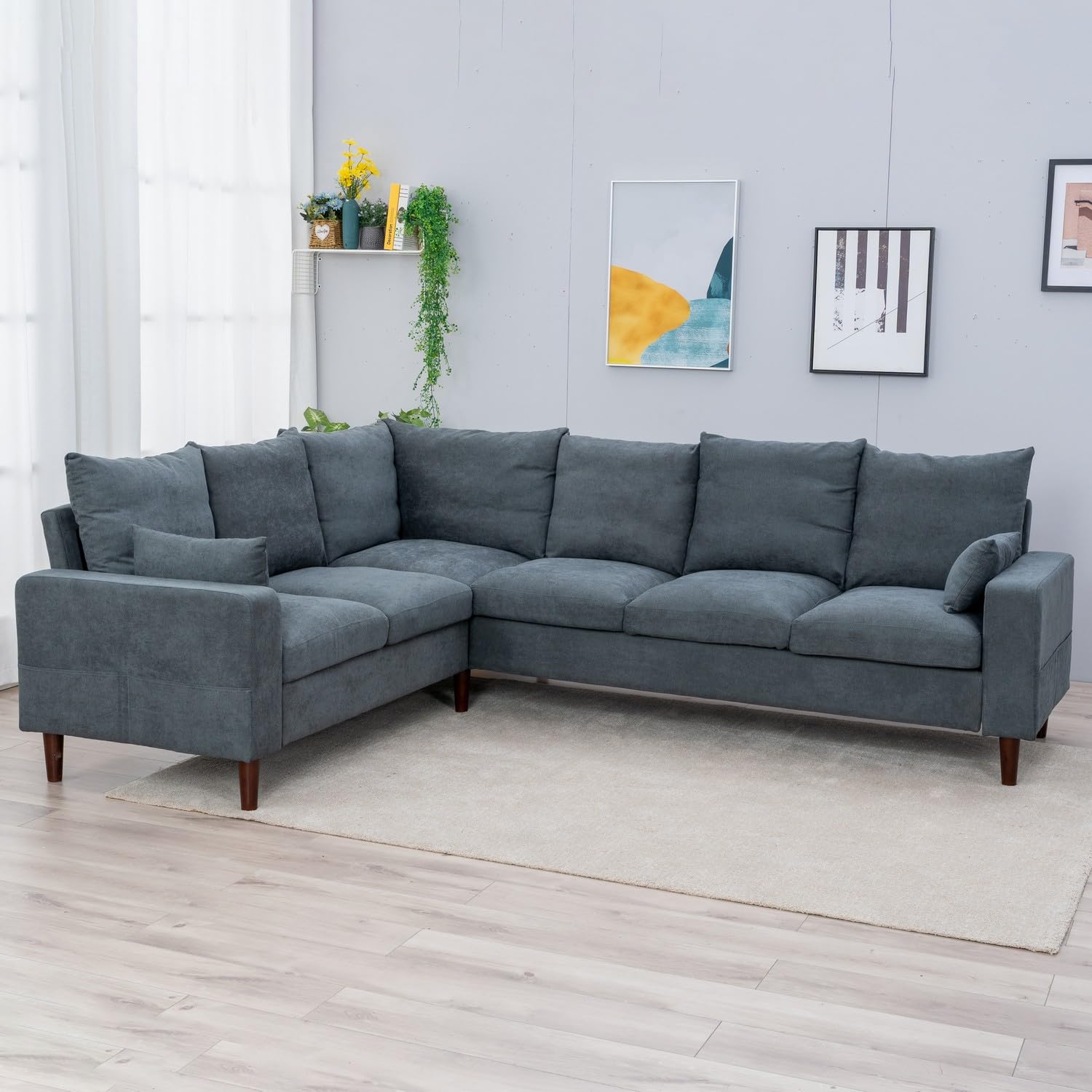 Panana 100 inches Sectional Sofa Couch for Living Room, Modern Gray Fabric L-Shaped 6 Seat Sofa Corner Couch with, Upholstered Sofa withSolid Wood Legs for Home Office