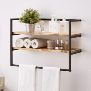 metal industrial 2 tier bathroom shelves wall mounted,24" bathroom shelf with towel bar,wall shelf towel rack over toilet,floating shelves towel holder,solid wood shelves with metal frame,black