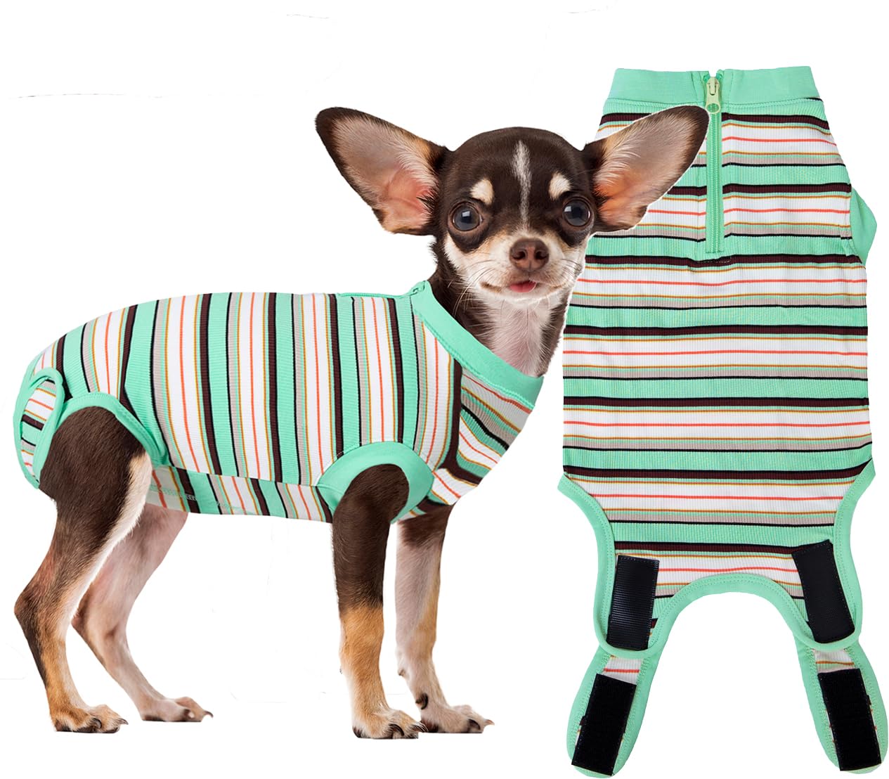 Wabdhaly Dog Surgery Recovery Suit,Surgical Recovery Suit for Small Female Dgos Spay,Zipper Closure,Combed Cotton Breathable Onesie,Multi Green Striped S