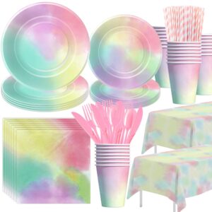 xigejob pastel party decorations tableware - pastel rainbow party supplies, plate, cup, napkin, tablecloth, cutlery, watercolor pastel colorful theme party supplies for baby shower birthday | serve 24