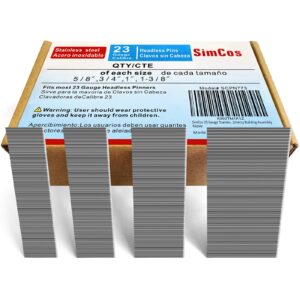 simcos 23 gauge stainless steel pinner nails (5/8",3/4",1",1-3/8") assorted 4 sizes' headless pin nails for 23 ga pneumatic or electric pin nailer or pin nail gun,project pack (4000)