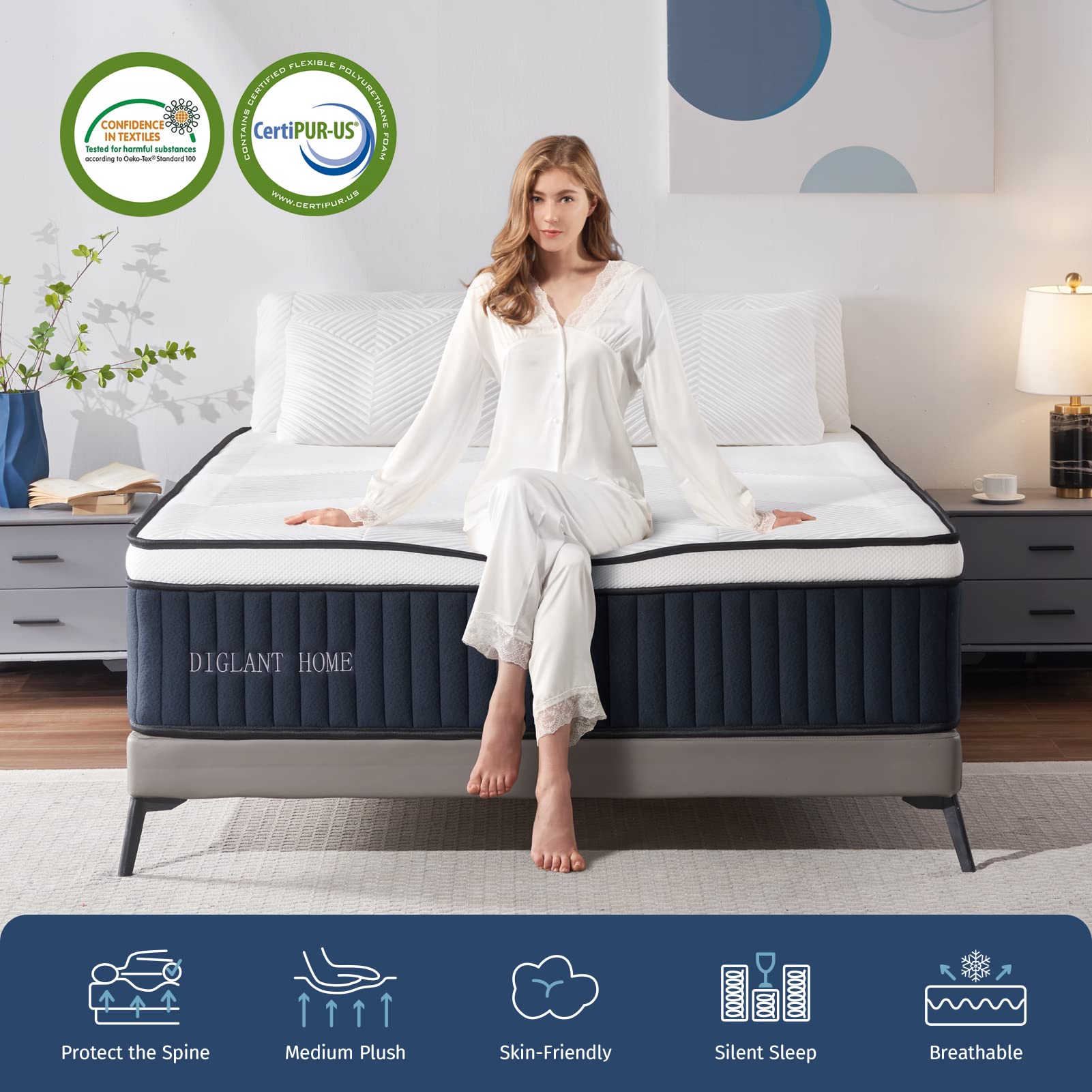 Queen Mattress, DIGLANT 14 Inch Euro Top Hybrid Memory Foam Mattress with Pocket Springs, Medium Plush Feel Queen Size Mattress in a Box, Supportive & Pressure Relief, CertiPUR-US Certified, 60"*80"