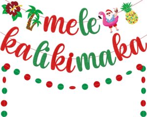 mele kalikimaka banner red green glitter, hawaiian christmas banner, summer christmas party decorations, hawaiian tropical theme christmas holiday party decorations supplies