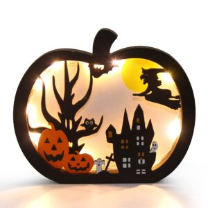 foimas halloween wooden table sign,light up pumpkin table centerpiece topper for halloween table top party decoration supply（upgrated)