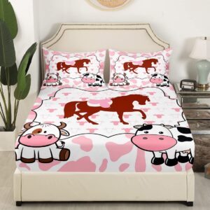 Horse Fitted Sheet Twin Size Kids Cow Print Bedding Set for Boys Girls Teens Cute Farmhouse Animal Bed Sheet Set Breathable Bed Cover Deep Pocket Pink Western Decor Room Decor