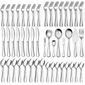 66-piece silverware set with serving utensils, stainless steel silverware flatware set for 12, elegant cutlery tableware includes fork spoon knife, mirror polished, dishwasher safe