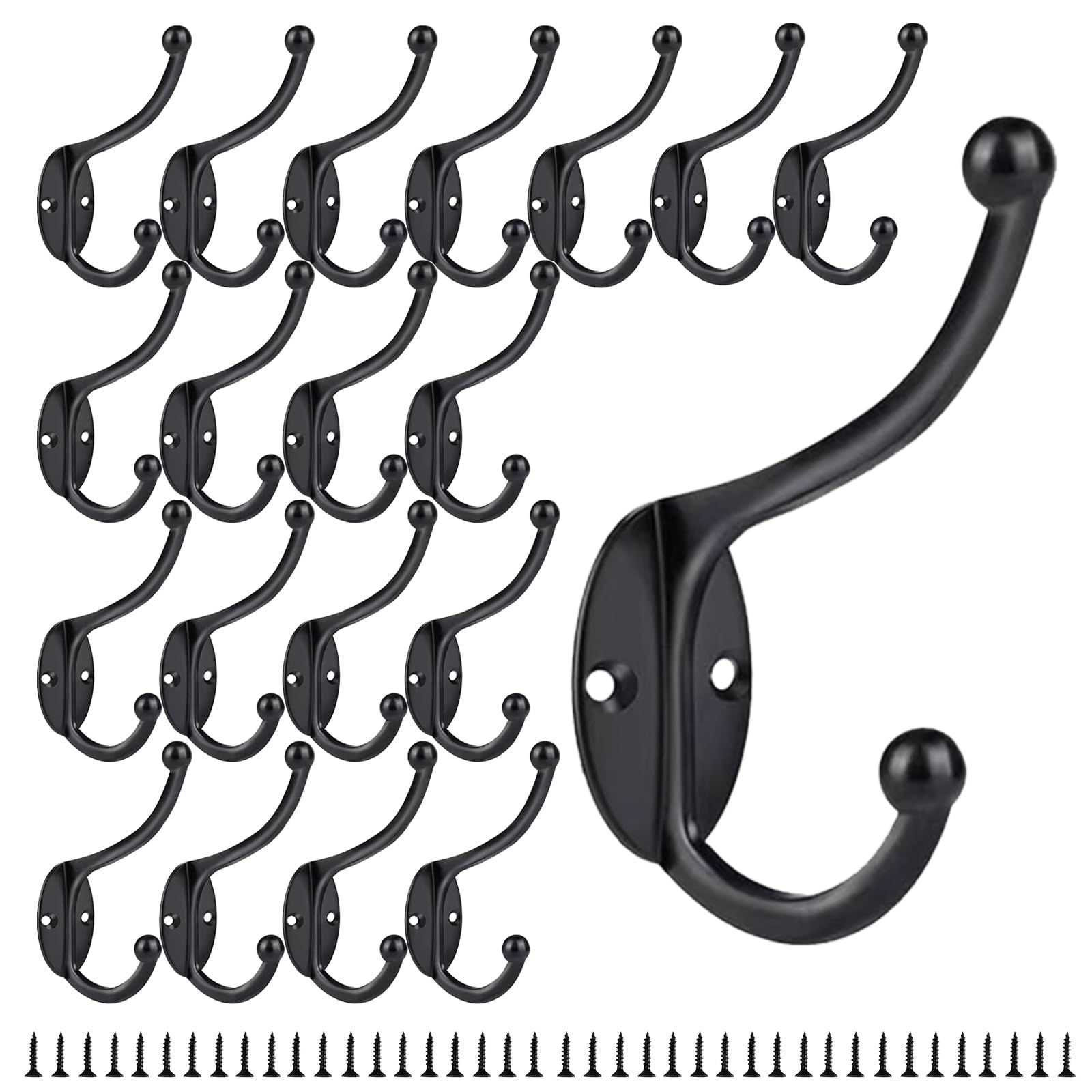 20 Pack Wall Mounted Double Coat Hooks - Utility Metal Hooks with 40 ScrewsVintage Double Hooks, Wall Mounted Zinc Die-Cast Bathrobe Hooks for Hanging Coats, Bags, Scarves, Towels and Hats