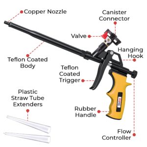 Wolline Spray Foam Gun Insulation (2 x Foam Gun / 4 Nozzle) Foam Spray Gun, Teflon-Coated Professional Expanding Foam Gun, Foam Dispensing Gun, for Caulking, Insulating Foam Applicator Yellow - 2 Pack