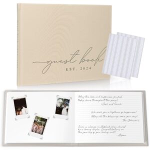 wedding guest book with personalized 2024 year - linen photo guestbook to sign at reception party - includes clear photo corners self adhesive - 100 pages blank and lined thick paper guest books