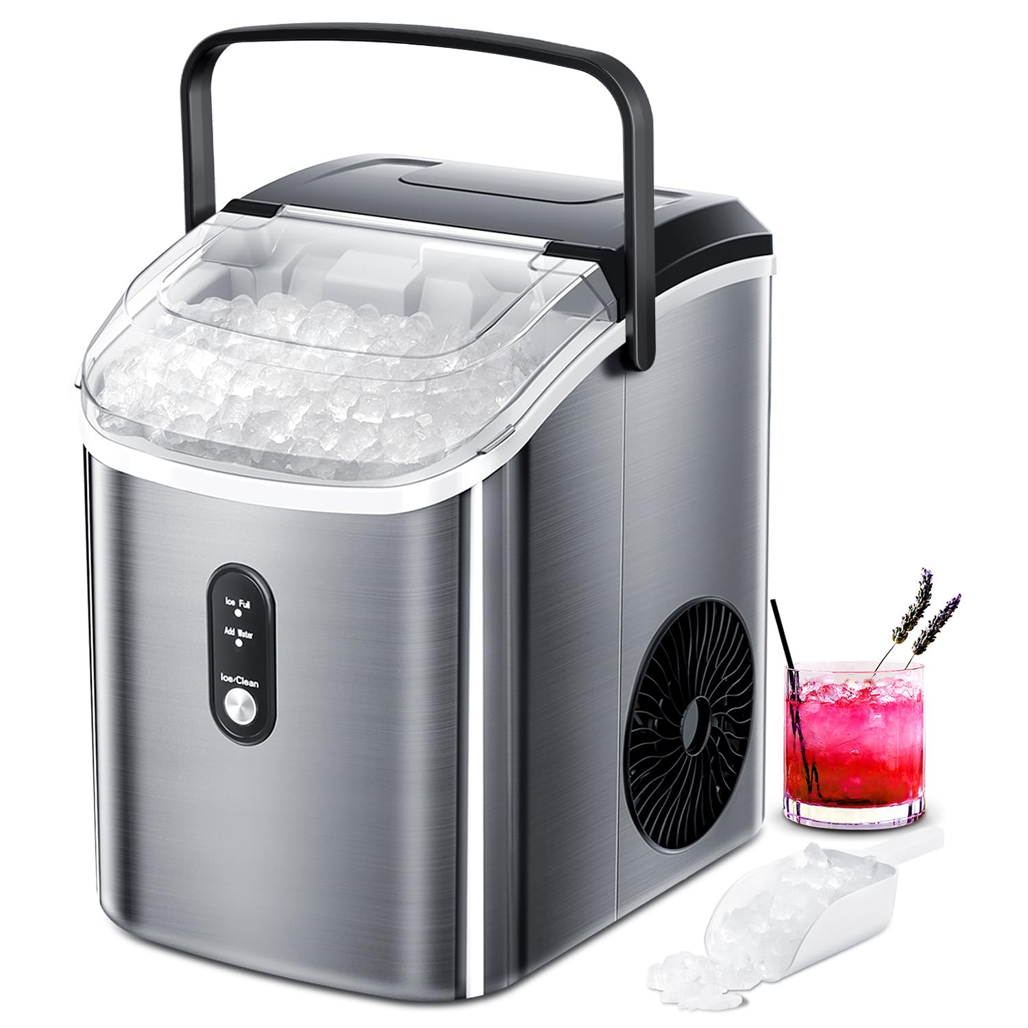 Nugget Ice Makers Countertop, Crushed Ice Maker with Handle,35Lbs/24H,Soft Chewable Ice, Pebble Ice Maker with Self-Cleaning, Ice Scoop and Ice Basket,for Home,Office,Kitchen,Stainless Steel (Silver)