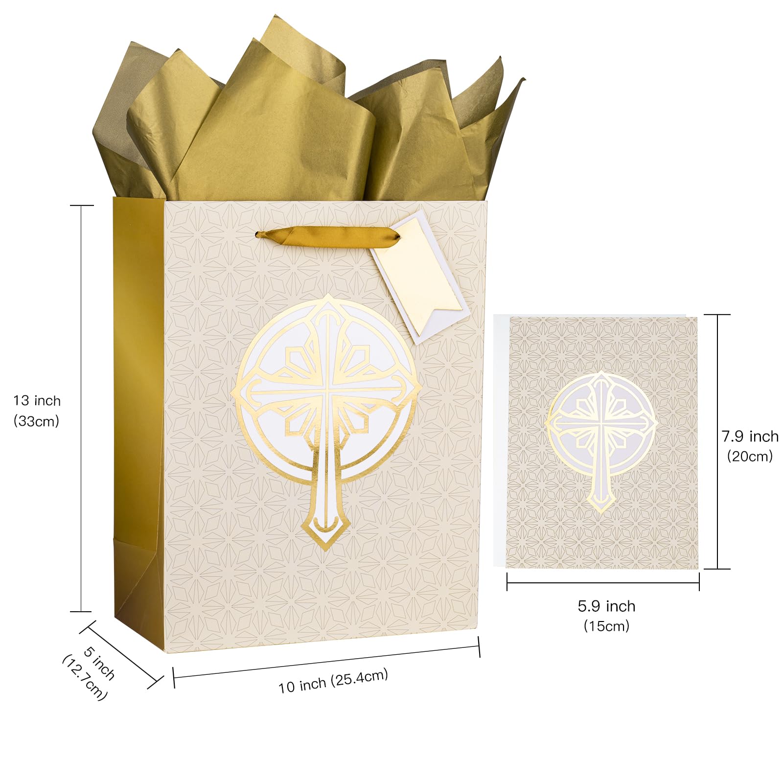 LeZakaa 13" Cross Gift Bag, Gold Christian Gift Bag with Tissue Paper, Gift Tag and Card for Christenings, Religious First Holy Communion, Confirmation, Weddings, Clergy Day