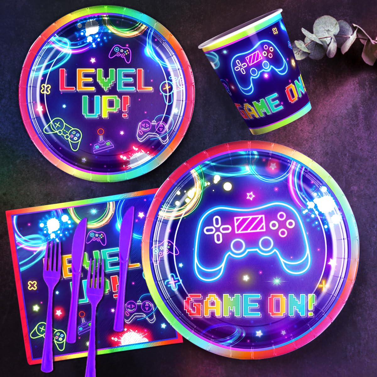 142pcs Video Game Birthday Decorations Gaming Party Video Game Plates and Napkins Tablecloth Cups for Kids Boys Girls Neon Video Game On Birthday Party Favors Supplies