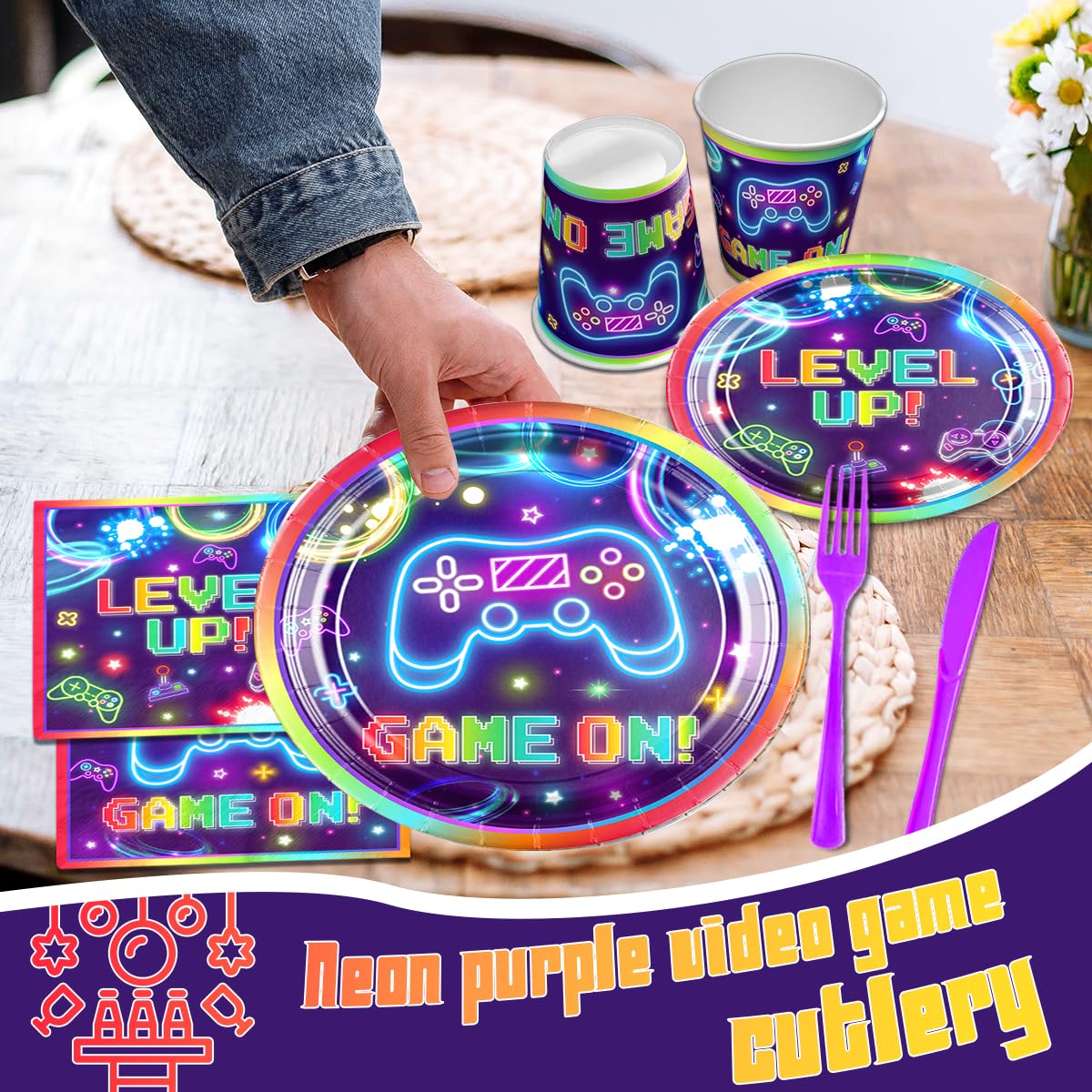 142pcs Video Game Birthday Decorations Gaming Party Video Game Plates and Napkins Tablecloth Cups for Kids Boys Girls Neon Video Game On Birthday Party Favors Supplies