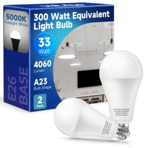 unilamp 300 watt equivalent light bulb, 33w led light bulb e26 daylight 5000k, super bright 4060lm, a23 led edison screw bulb for garage, warehouse, street backyard, non-dimmable, 2-pack