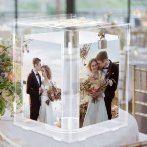 cyaooi acrylic wedding card box with picture frame, clear gift card box for wedding reception, large rotatable money envelope card box holder with lock for graduation party birthday baby shower