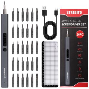 strebito mini electric screwdriver set, 36 in 1 electric precision screwdriver small electric screwdriver kit, s2 steel, rechargeable battery, 2 torque settings, micro power screwdriver cordless