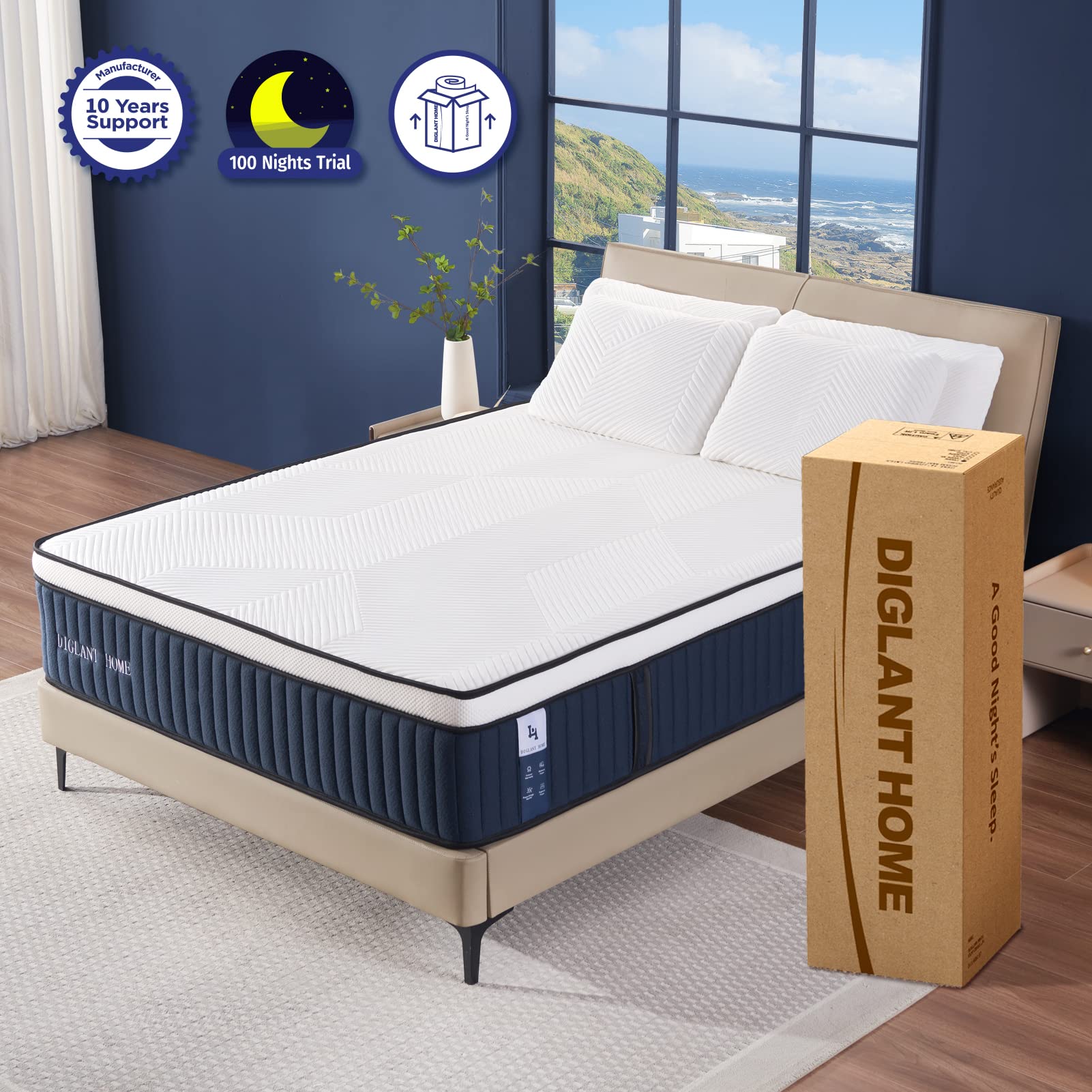 Queen Mattress, DIGLANT 14 Inch Hybrid Mattress, Medium Plush Feel Memory Foam Euro Top Mattress in a Box and Pocket Springs, CertiPUR-US Certified, Balance Support & Pain-Relief Queen Size Mattress