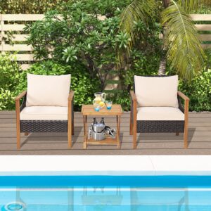 Tangkula 3 Pieces PE Wicker Patio Bistro Set, Outdoor Acacia Wood Conversation Set with Cushions and 2-Tier Coffee Table, Outdoor Patio Porch Furniture Set (Natural)