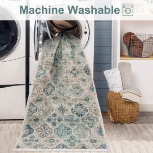 Beeiva Medallion Kitchen Rugs Non Slip, 2x5 Blue Laundry Rugs for Laundry Room, Framhouse Floral Small Bedside Porch Rug Machine Washable Rug for Bedroom Kitchen Entry Rugs for Inside House