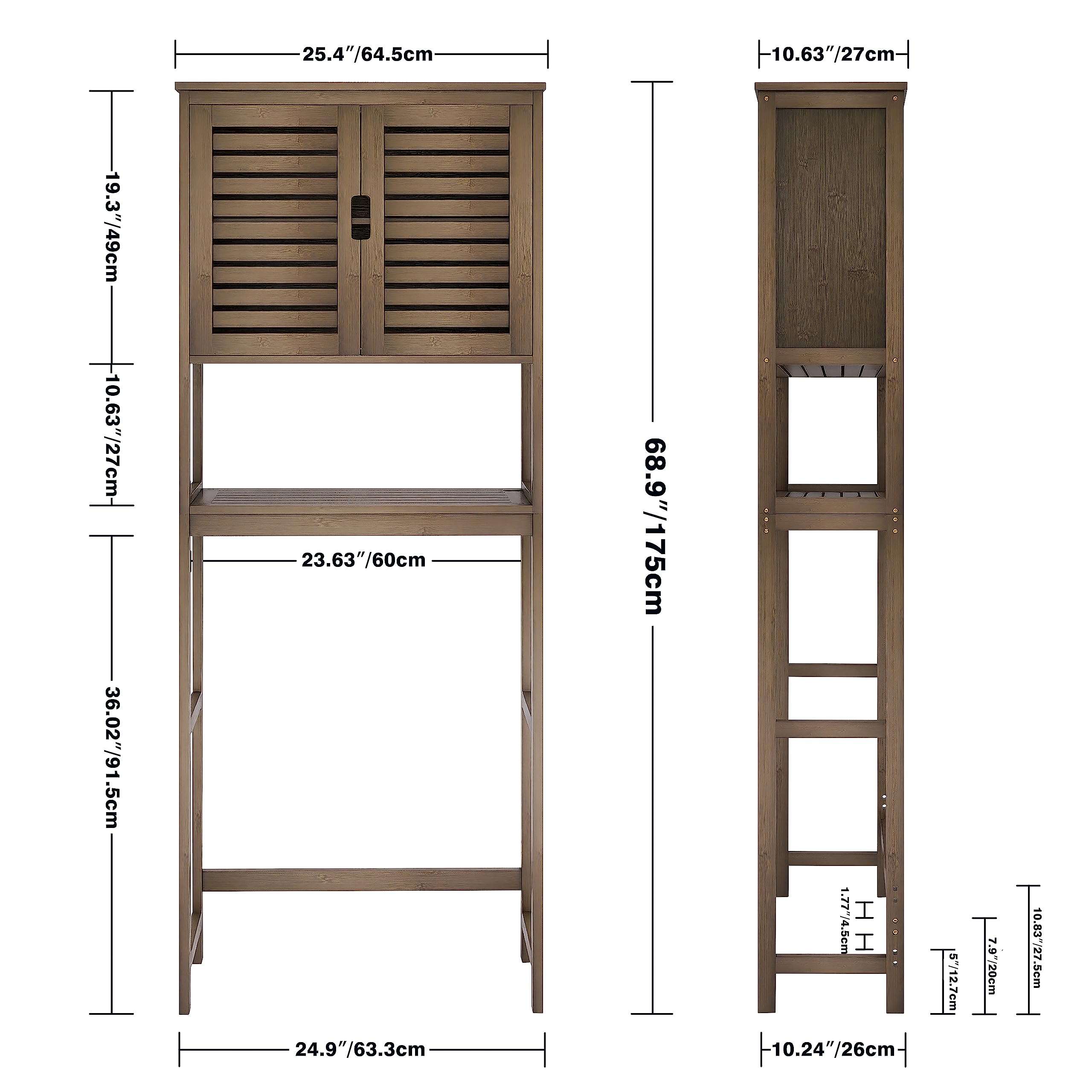 SMIBUY Bathroom Storage Shelf with Cabinet, Bamboo Over-The-Toilet Organizer Rack, Freestanding Toilet Space Saver with 3-Tier Adjustable Shelves (Walnut)