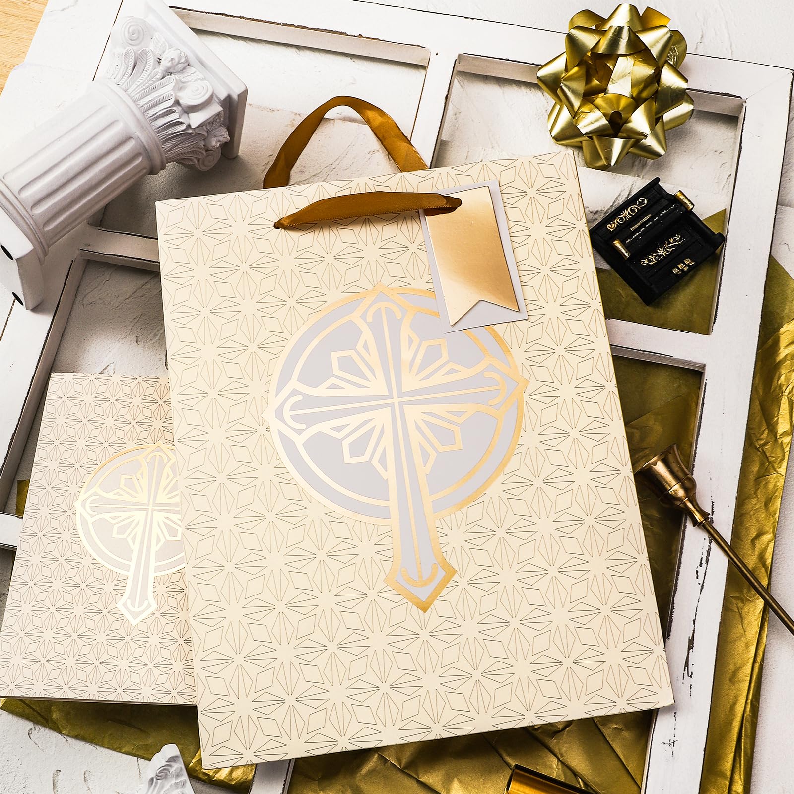 LeZakaa 13" Cross Gift Bag, Gold Christian Gift Bag with Tissue Paper, Gift Tag and Card for Christenings, Religious First Holy Communion, Confirmation, Weddings, Clergy Day