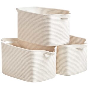 r runka cotton rope storage basket set of 3 (15"x10.2"x9.1") - rectangle storage bins - versatile toy storage organizer - perfect for kids, dog toys, books, shelves - white