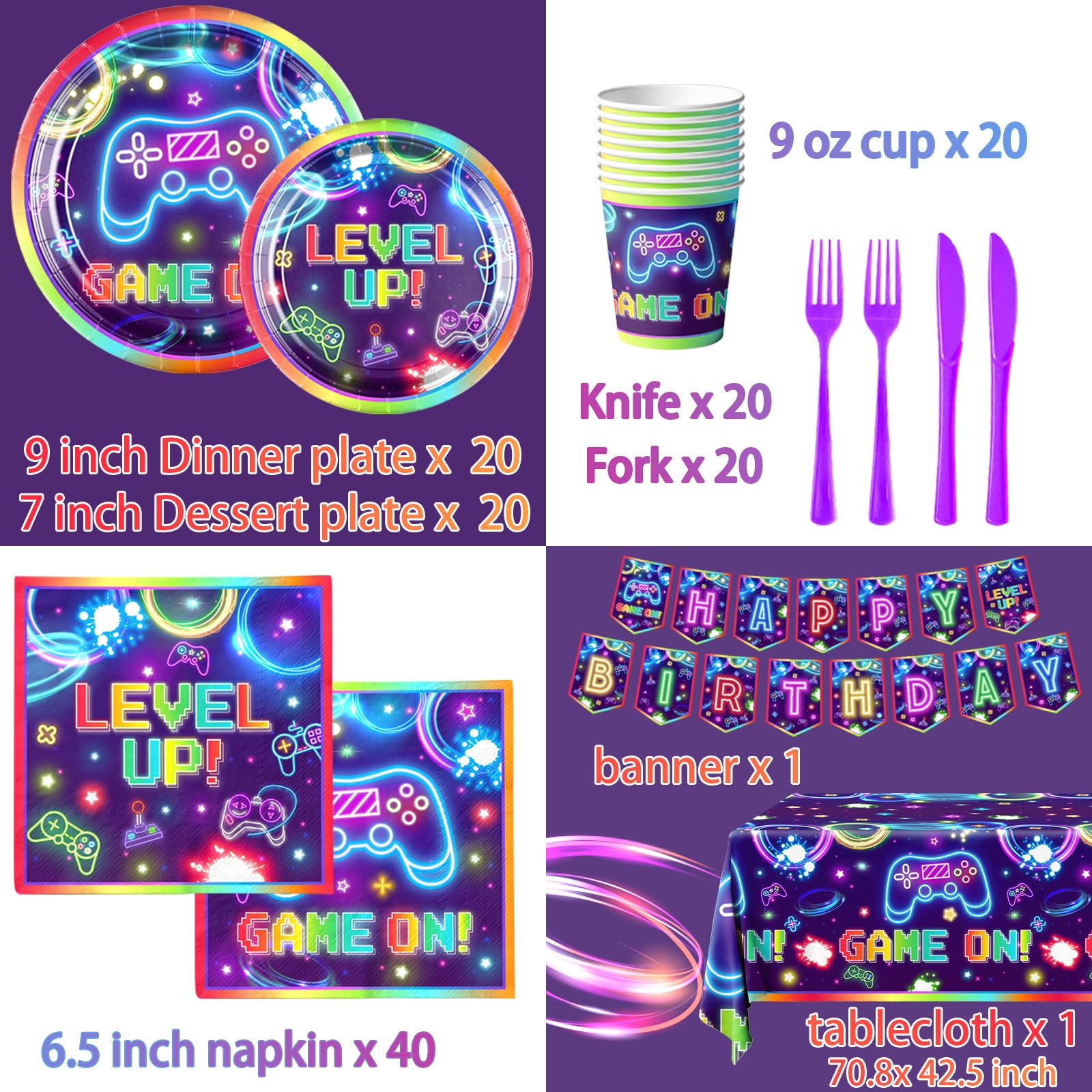 142pcs Video Game Birthday Decorations Gaming Party Video Game Plates and Napkins Tablecloth Cups for Kids Boys Girls Neon Video Game On Birthday Party Favors Supplies