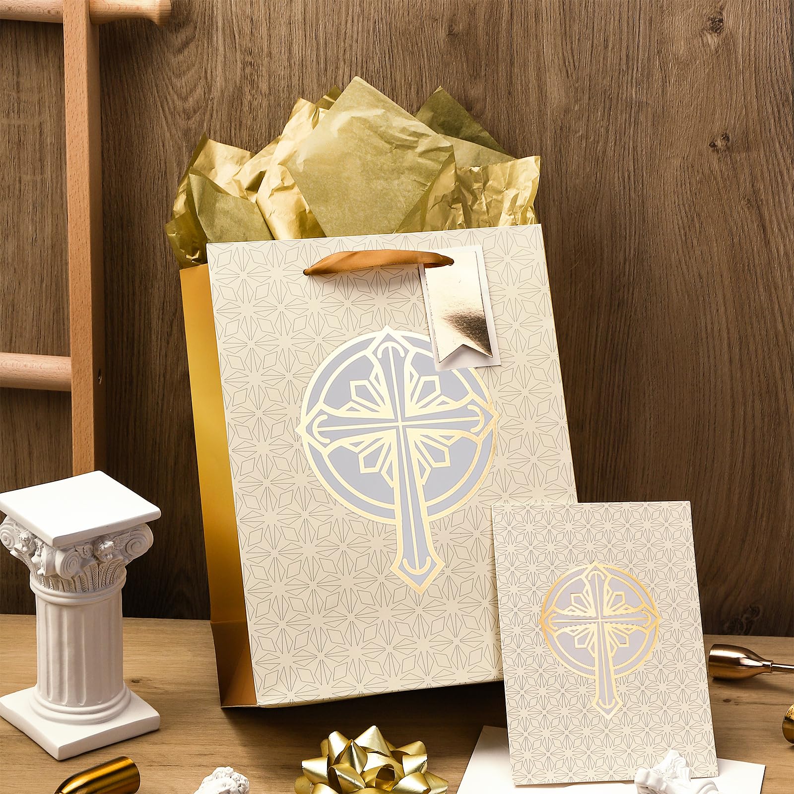 LeZakaa 13" Cross Gift Bag, Gold Christian Gift Bag with Tissue Paper, Gift Tag and Card for Christenings, Religious First Holy Communion, Confirmation, Weddings, Clergy Day