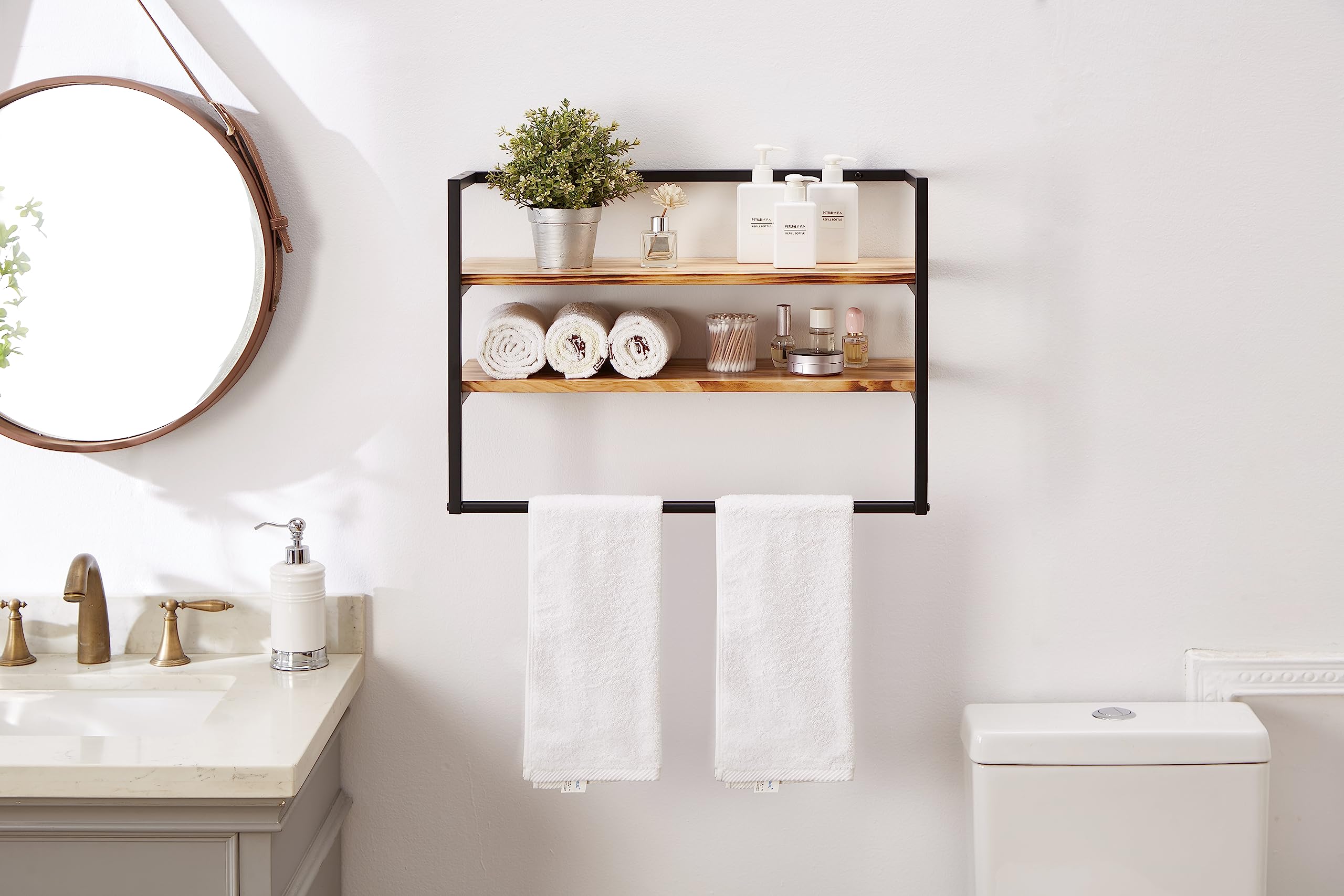 Metal Industrial 2 Tier Bathroom Shelves Wall Mounted,24" Bathroom Shelf with Towel Bar,Wall Shelf Towel Rack Over Toilet,Floating Shelves Towel Holder,Solid Wood Shelves with Metal Frame,Black