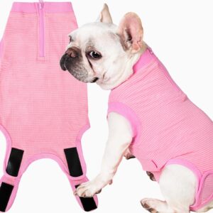 Wabdhally Dog Surgery Recovery Suit,Surgical Suit for Small Female Spay,Soft Combed Cotton,Watermelon Pink Striped Zipper Onesie XS