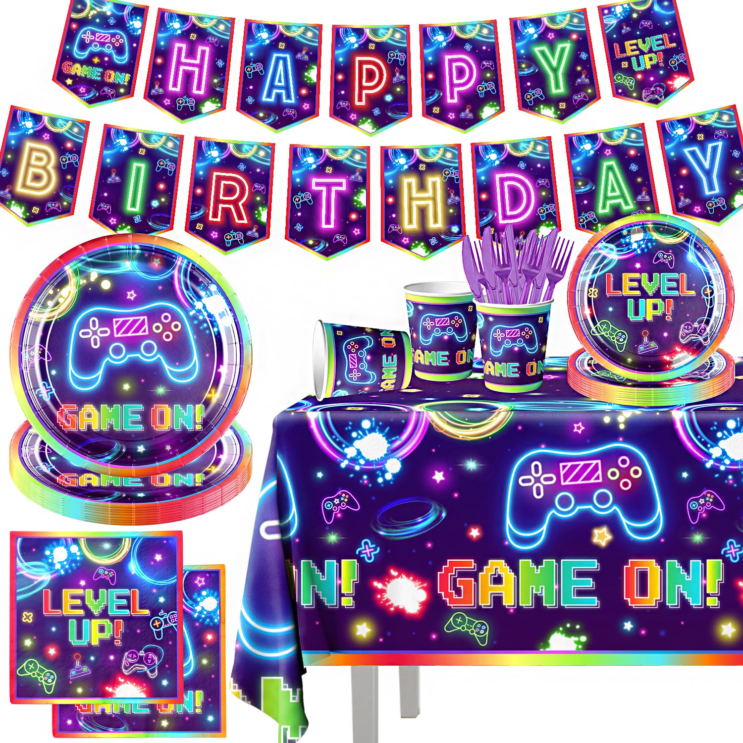 142pcs Video Game Birthday Decorations Gaming Party Video Game Plates and Napkins Tablecloth Cups for Kids Boys Girls Neon Video Game On Birthday Party Favors Supplies