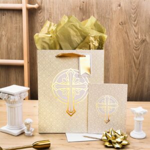 LeZakaa 13" Cross Gift Bag, Gold Christian Gift Bag with Tissue Paper, Gift Tag and Card for Christenings, Religious First Holy Communion, Confirmation, Weddings, Clergy Day