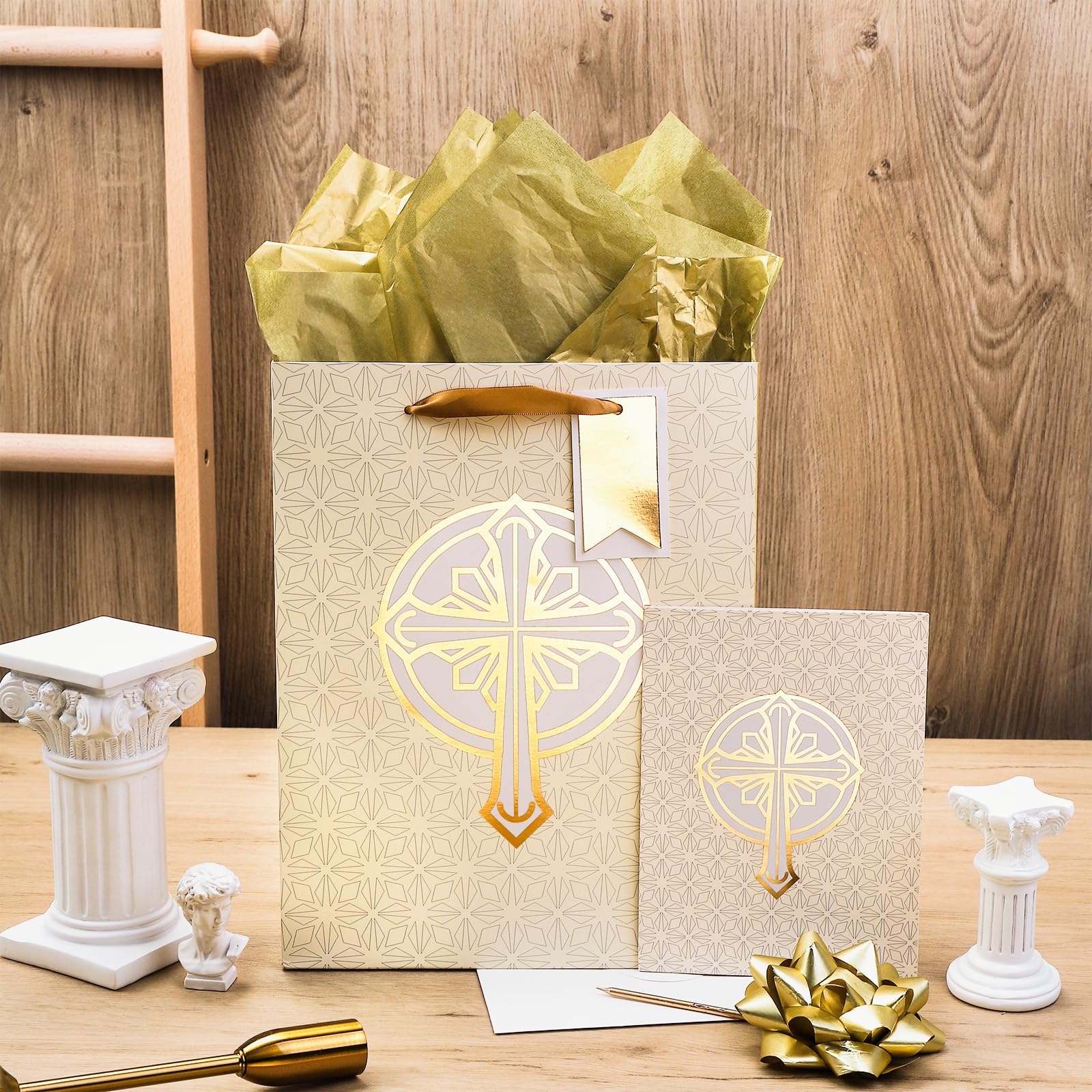 LeZakaa 13" Cross Gift Bag, Gold Christian Gift Bag with Tissue Paper, Gift Tag and Card for Christenings, Religious First Holy Communion, Confirmation, Weddings, Clergy Day