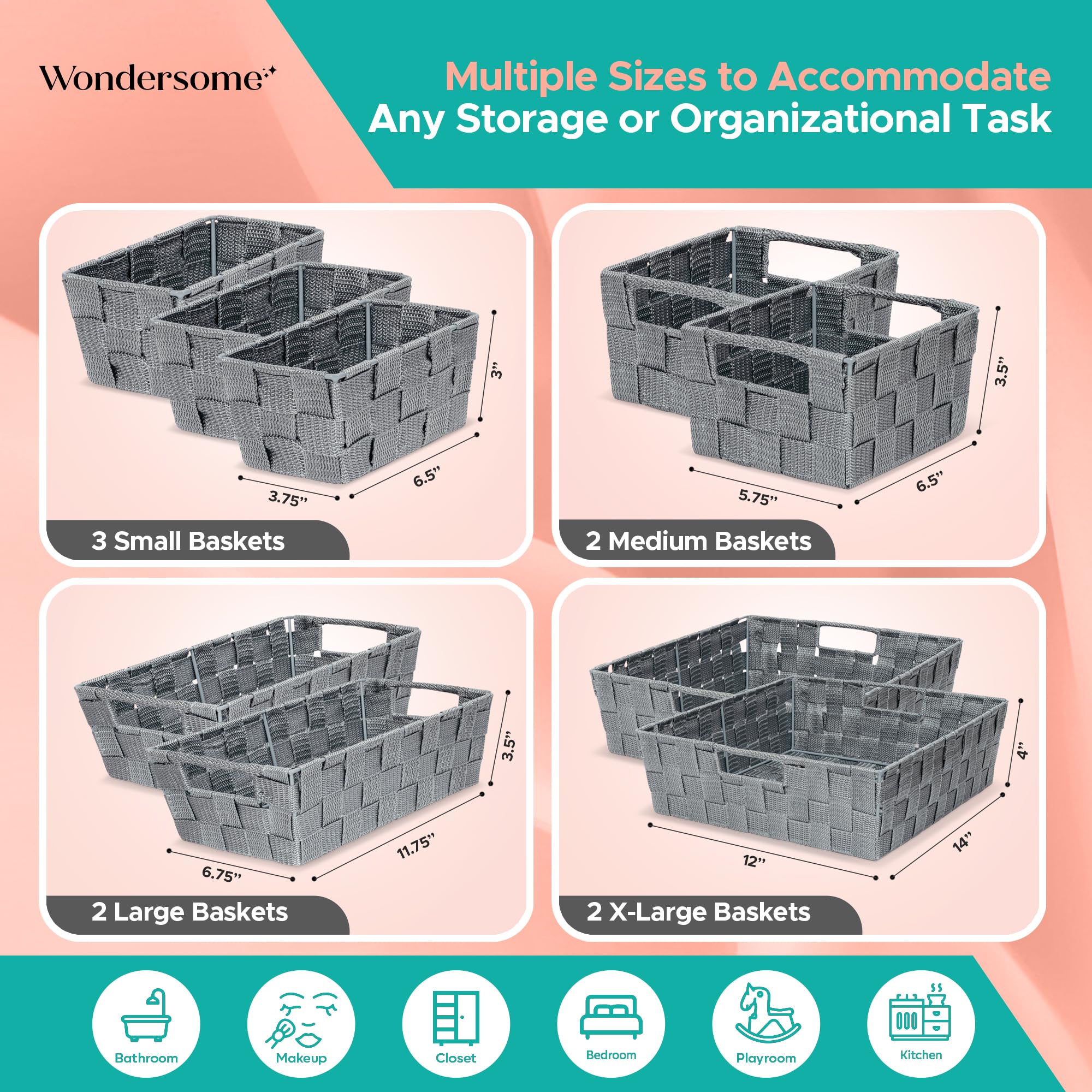 Wondersome Storage Baskets Set - 9-Piece Home Organizer Bins - Woven Fabric Stackable Cube Containers - Closet, Laundry, Pantry, Kitchen, Bathroom, Nursery, Shelf, Dresser Organizing - US-Based Brand