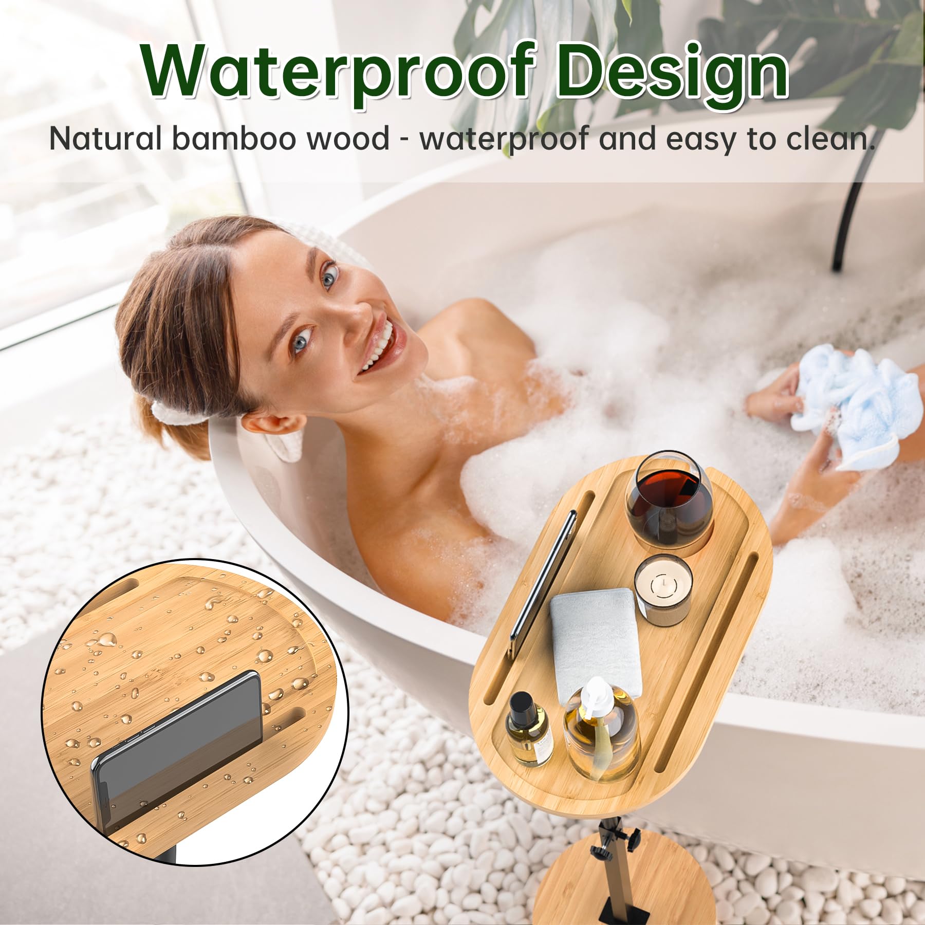 NiHome Bamboo Swivel Sofa Armrest Tray Table for Couch with Thickened Stable Non-Tipping Base, Adjustable Height TV Tray Table, Side Tray Table with 360° Rotating for Bath Tub Hot Tub Bedside Balcony