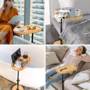 NiHome Bamboo Swivel Sofa Armrest Tray Table for Couch with Thickened Stable Non-Tipping Base, Adjustable Height TV Tray Table, Side Tray Table with 360° Rotating for Bath Tub Hot Tub Bedside Balcony