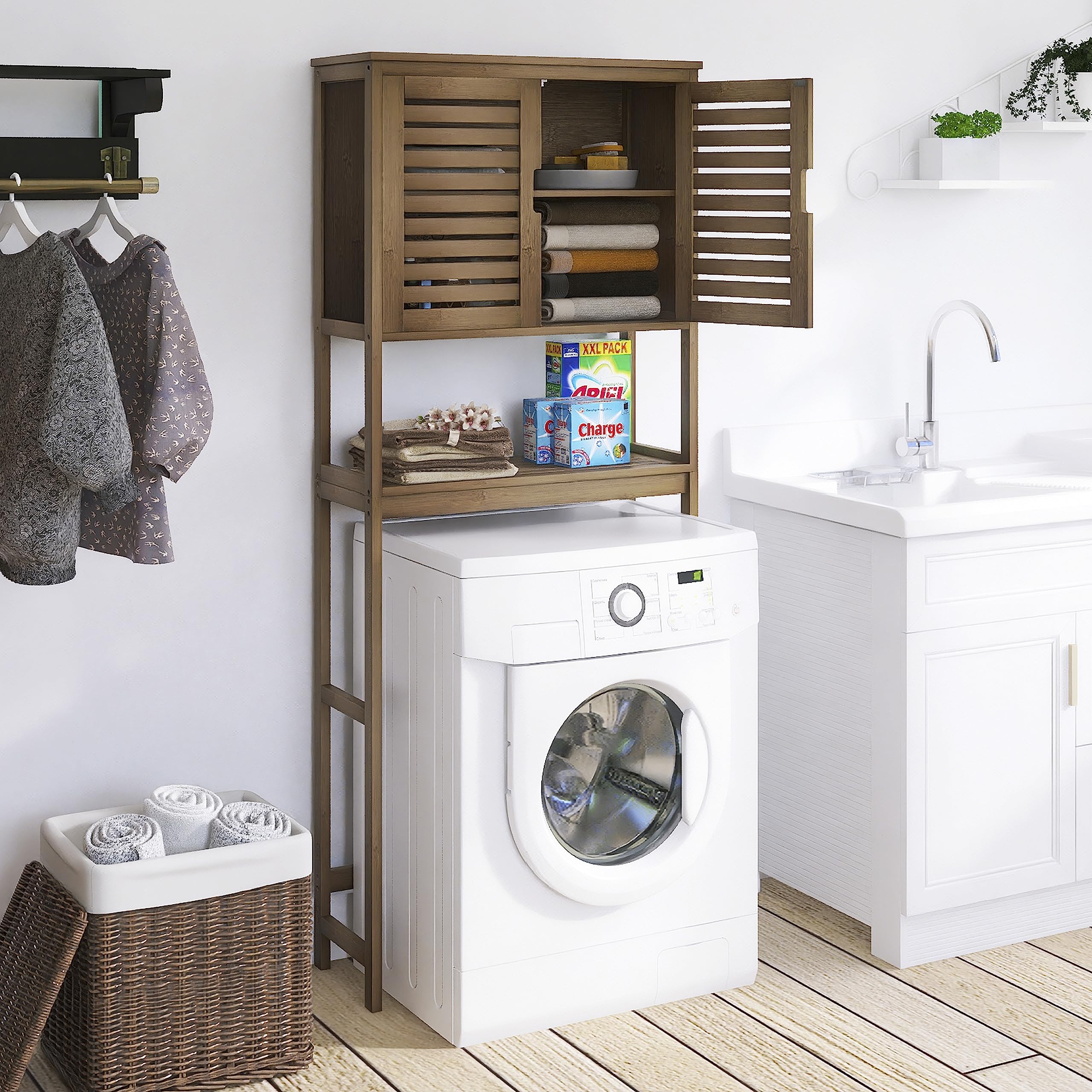 SMIBUY Bathroom Storage Shelf with Cabinet, Bamboo Over-The-Toilet Organizer Rack, Freestanding Toilet Space Saver with 3-Tier Adjustable Shelves (Walnut)