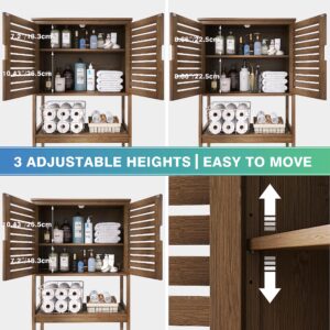 SMIBUY Bathroom Storage Shelf with Cabinet, Bamboo Over-The-Toilet Organizer Rack, Freestanding Toilet Space Saver with 3-Tier Adjustable Shelves (Walnut)