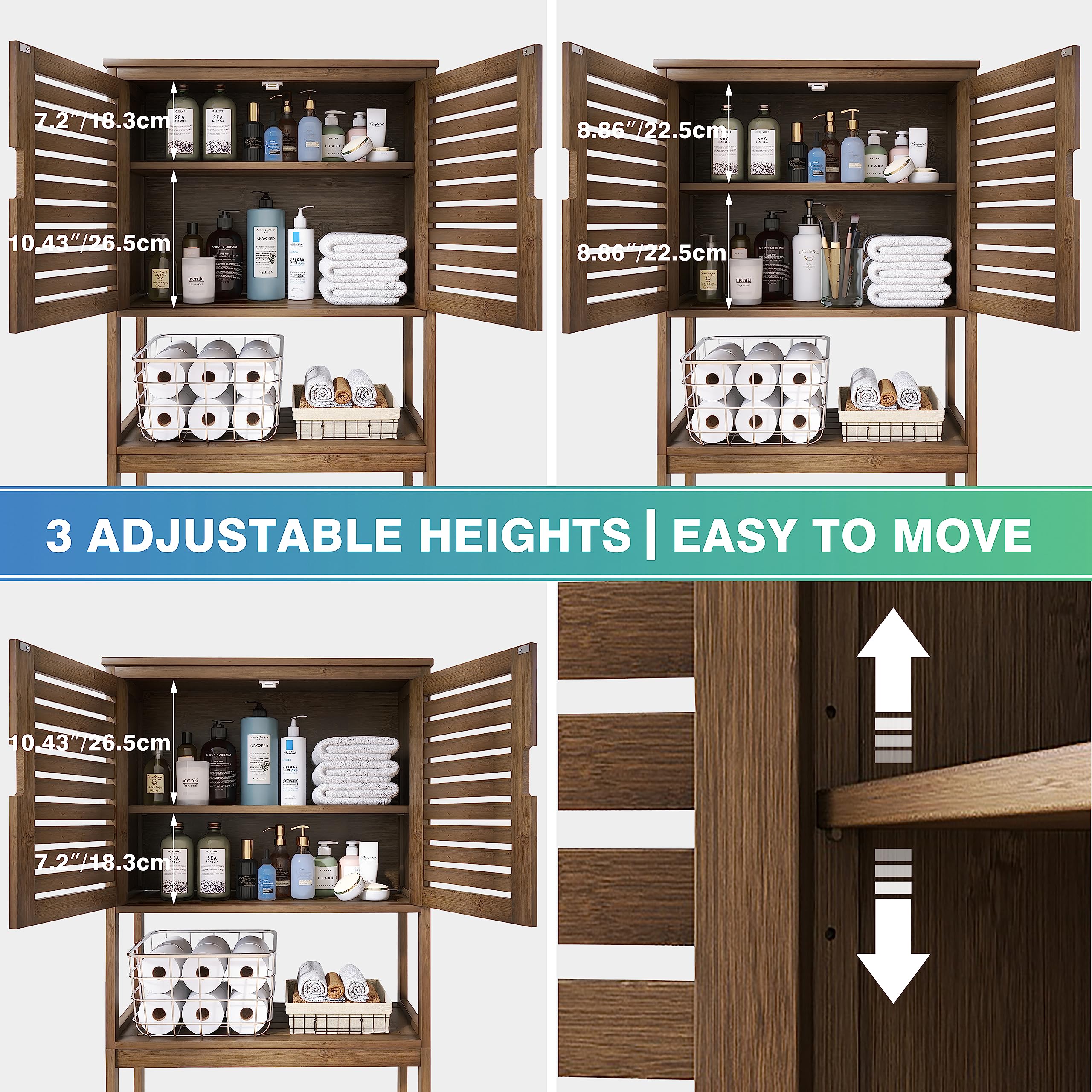 SMIBUY Bathroom Storage Shelf with Cabinet, Bamboo Over-The-Toilet Organizer Rack, Freestanding Toilet Space Saver with 3-Tier Adjustable Shelves (Walnut)