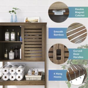 SMIBUY Bathroom Storage Shelf with Cabinet, Bamboo Over-The-Toilet Organizer Rack, Freestanding Toilet Space Saver with 3-Tier Adjustable Shelves (Walnut)