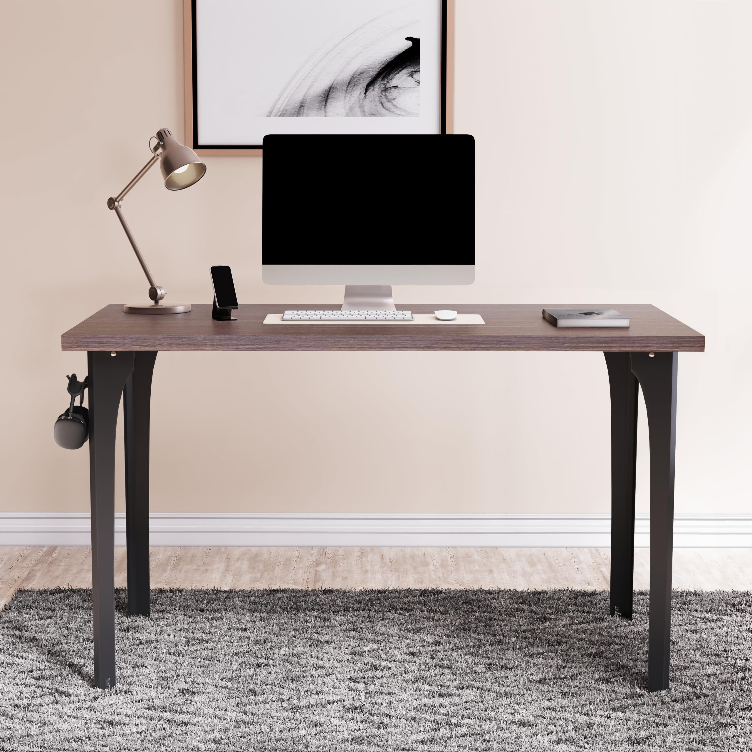 DINIAL Home Office Computer Desk 35.4 inch Gaming Desk, Modern and Minimalist Home Office Desk, Home Office Desks, Study Desk, Craft Table Black Metal Designed Frame, Dark Brown Board Color.