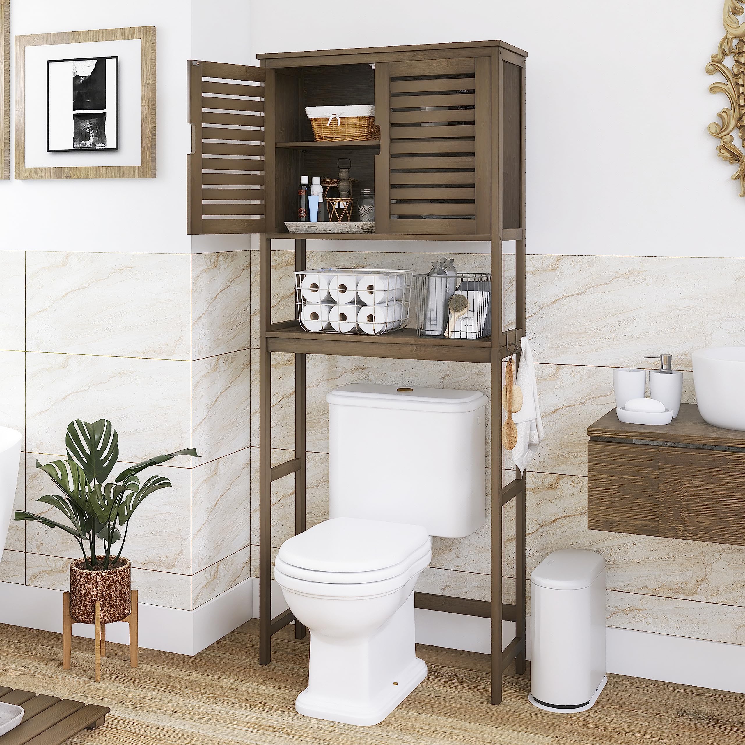 SMIBUY Bathroom Storage Shelf with Cabinet, Bamboo Over-The-Toilet Organizer Rack, Freestanding Toilet Space Saver with 3-Tier Adjustable Shelves (Walnut)