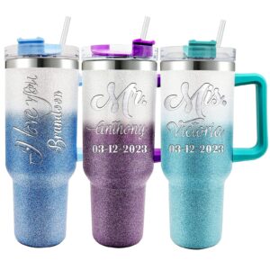 personalized tumblers with names, custom 40oz insulated stainless steel travel mug coffee cups with handle and straw lid, personalized gifts for birthday anniversary women men him her