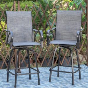 hera's house patio bar stools set of 2, outdoor swivel bar height patio chairs with solid back & armrest, all weather textilen fabric high top chair for lawn garden, grey