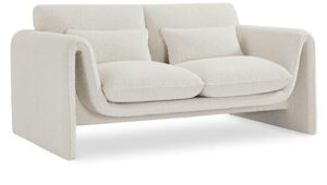 meridian furniture 198cream-l stylus collection modern | contemporary boucle fabric upholstered loveseat with rich cream boucle fabric, curved arms, 64" w x 38" d x 31" h, cream