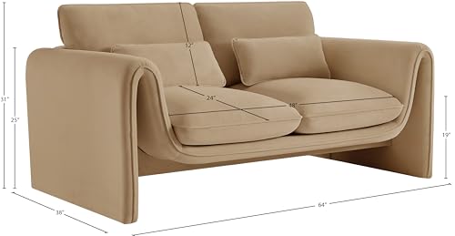 Meridian Furniture 199Camel-L Sloan Collection Modern | Contemporary Velvet Upholstered Loveseat with Soft Camel Velvet Fabric, Curved Arms, 64" W x 38" D x 31" H, Camel