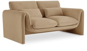 meridian furniture 199camel-l sloan collection modern | contemporary velvet upholstered loveseat with soft camel velvet fabric, curved arms, 64" w x 38" d x 31" h, camel