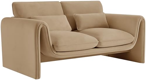 Meridian Furniture 199Camel-L Sloan Collection Modern | Contemporary Velvet Upholstered Loveseat with Soft Camel Velvet Fabric, Curved Arms, 64" W x 38" D x 31" H, Camel